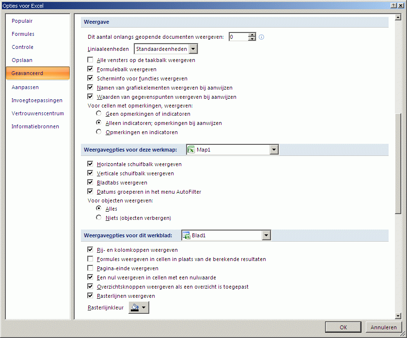 Waar kan ik in Excel Office 10 de knop/ functie "alles weergeven ...